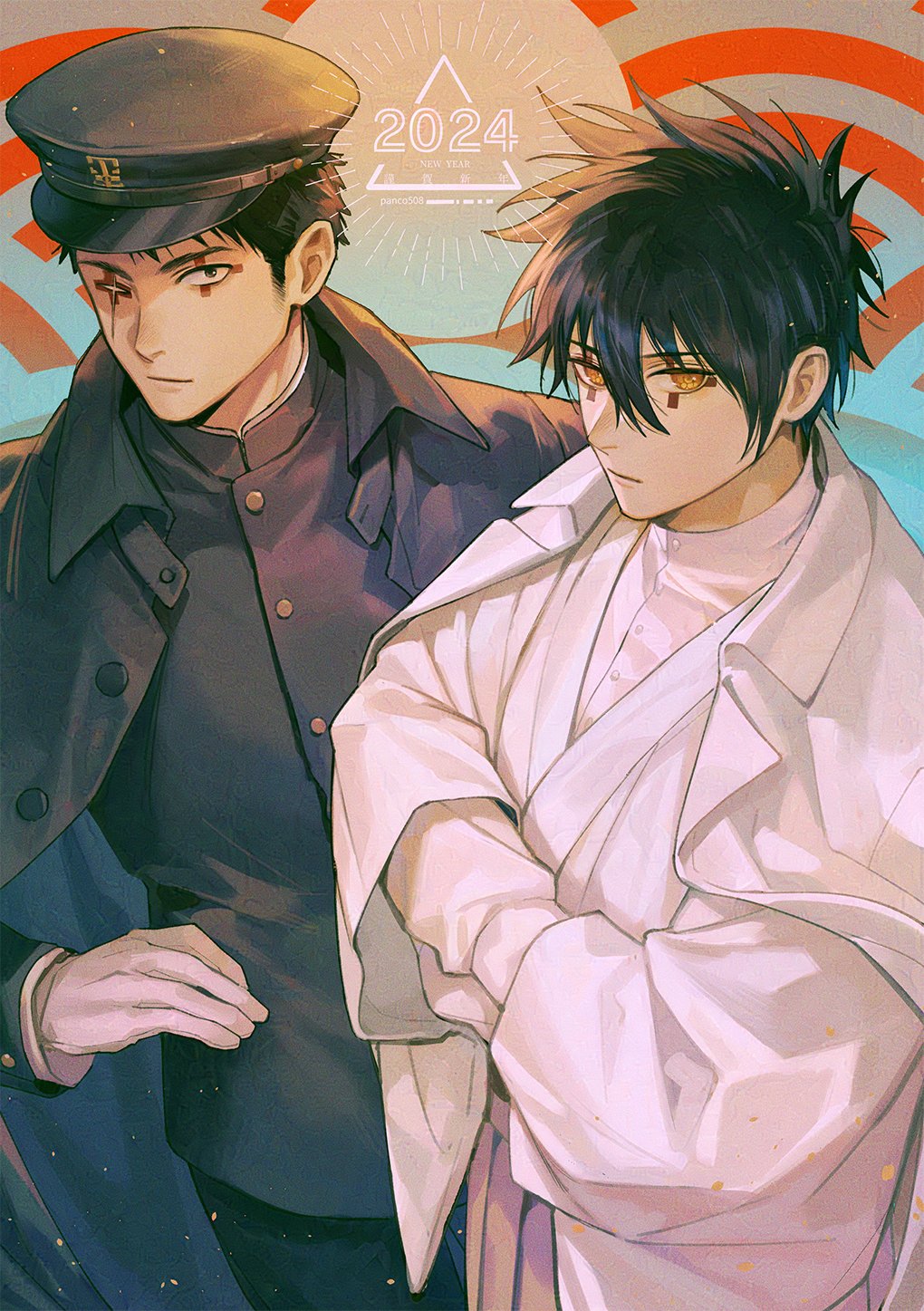 Safebooru - 2024 2boys artist name black coat black hair black jacket ...