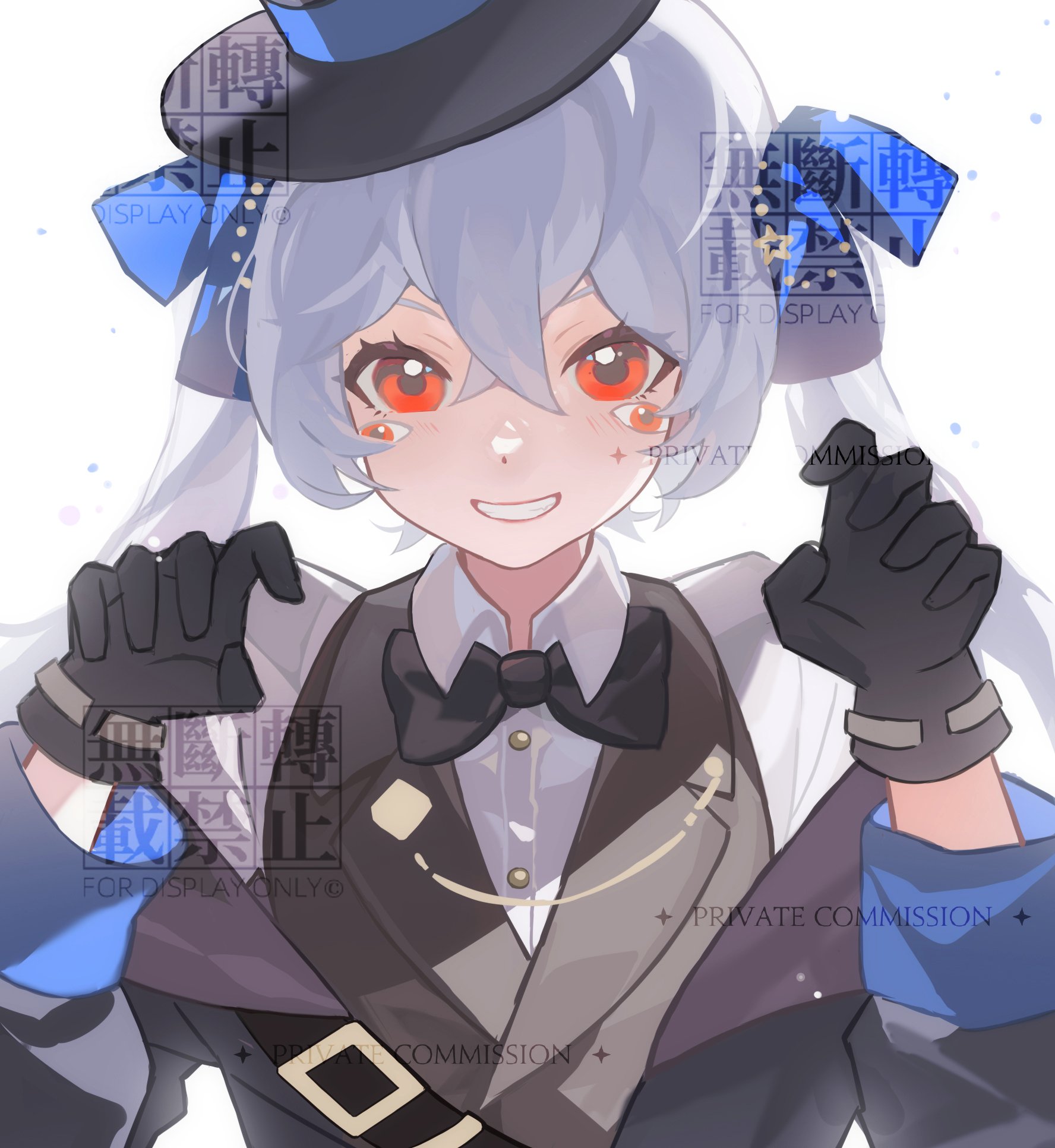 Safebooru - 1girl black bow black bowtie black gloves black hat black jacket blue bow blush bow ...