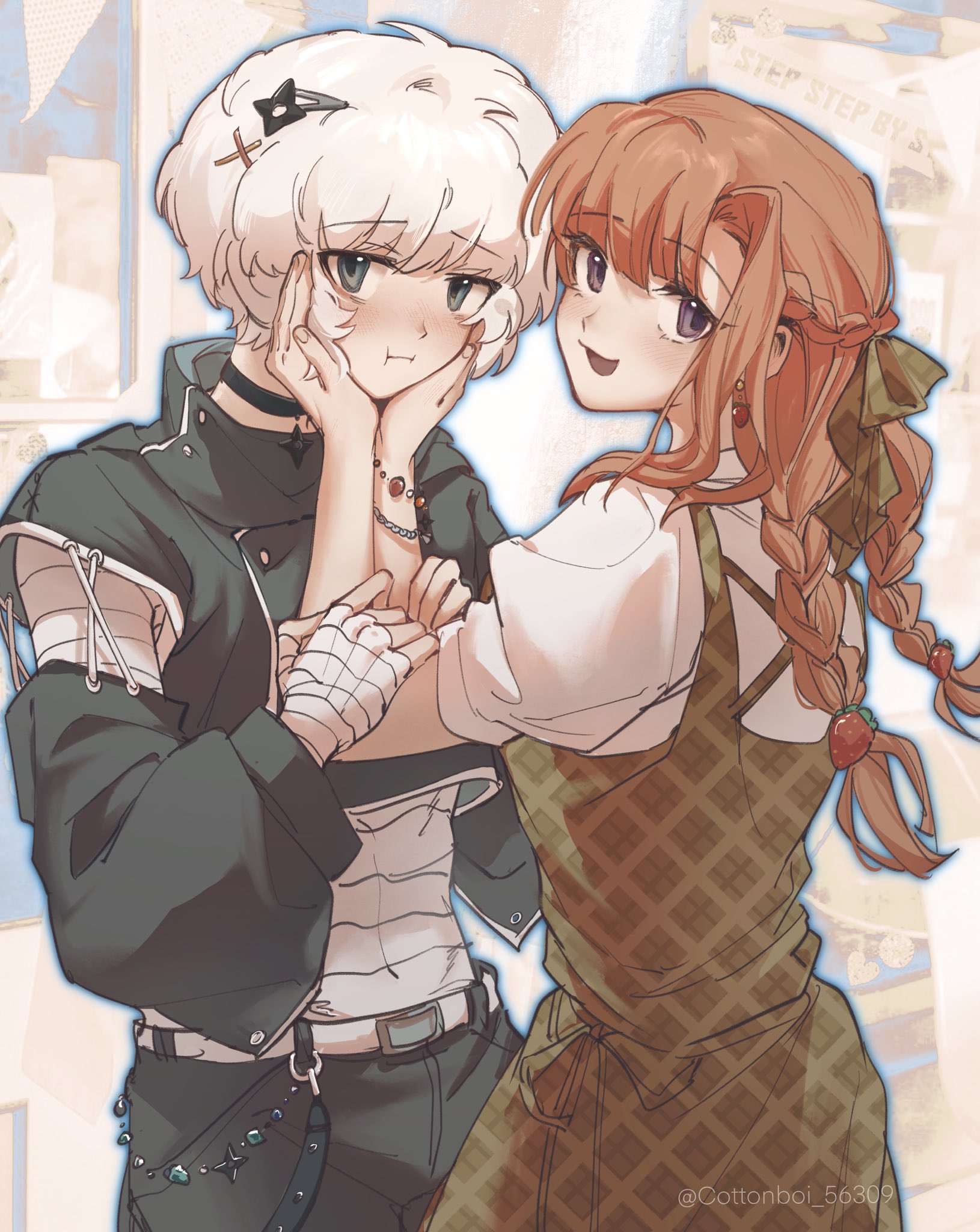 Safebooru - 1boy 1girl :i bandaged arm bandaged hand bandages black choker black pants blue ...