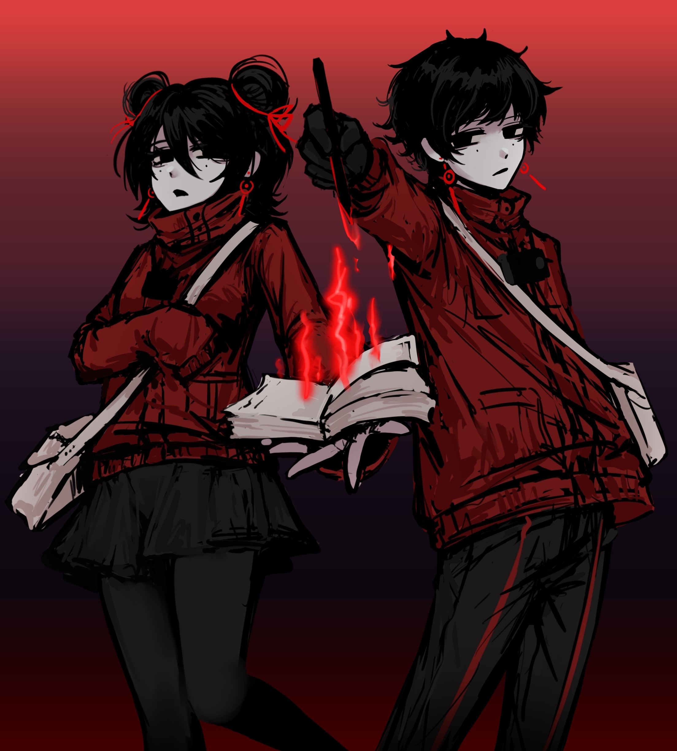 Safebooru - 1boy 1girl absurdres bag black eyes black gloves black hair black pants black ...