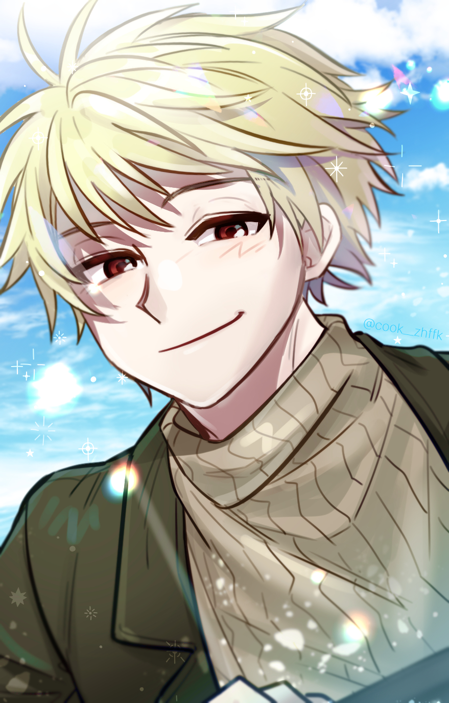 Safebooru - 1boy atou haruki black jacket blonde hair blue sky closed mouth grey sweater highres ...