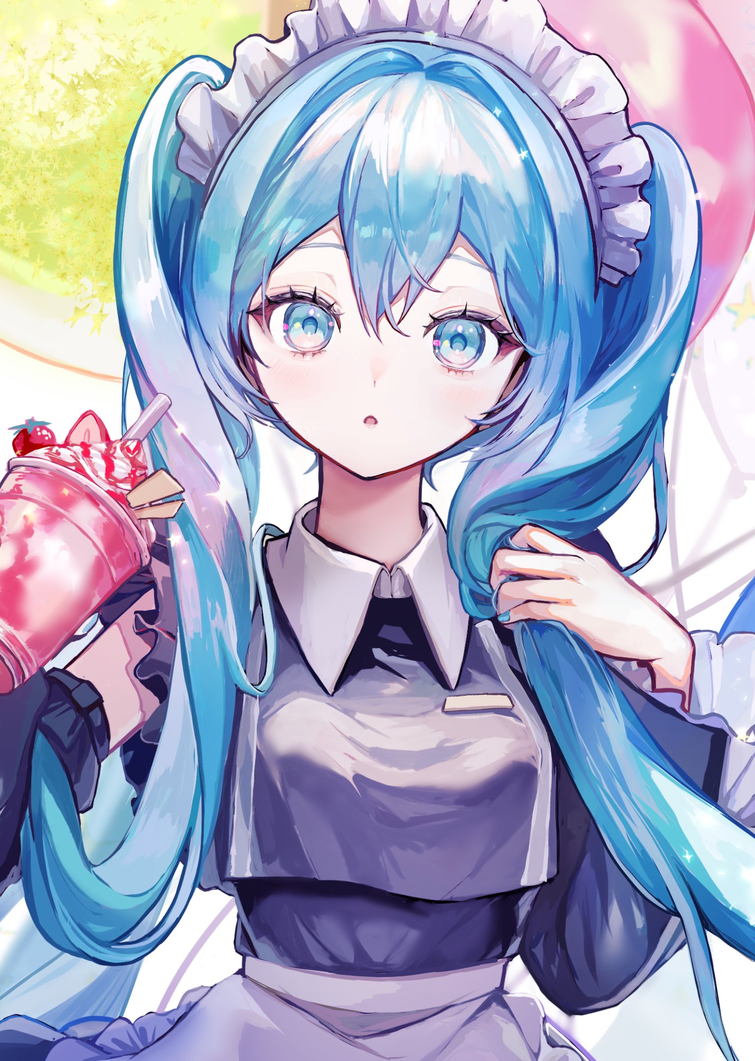 Safebooru - 1girl :o apron aqua eyes aqua hair aqua nails collared shirt commentary cup food ...