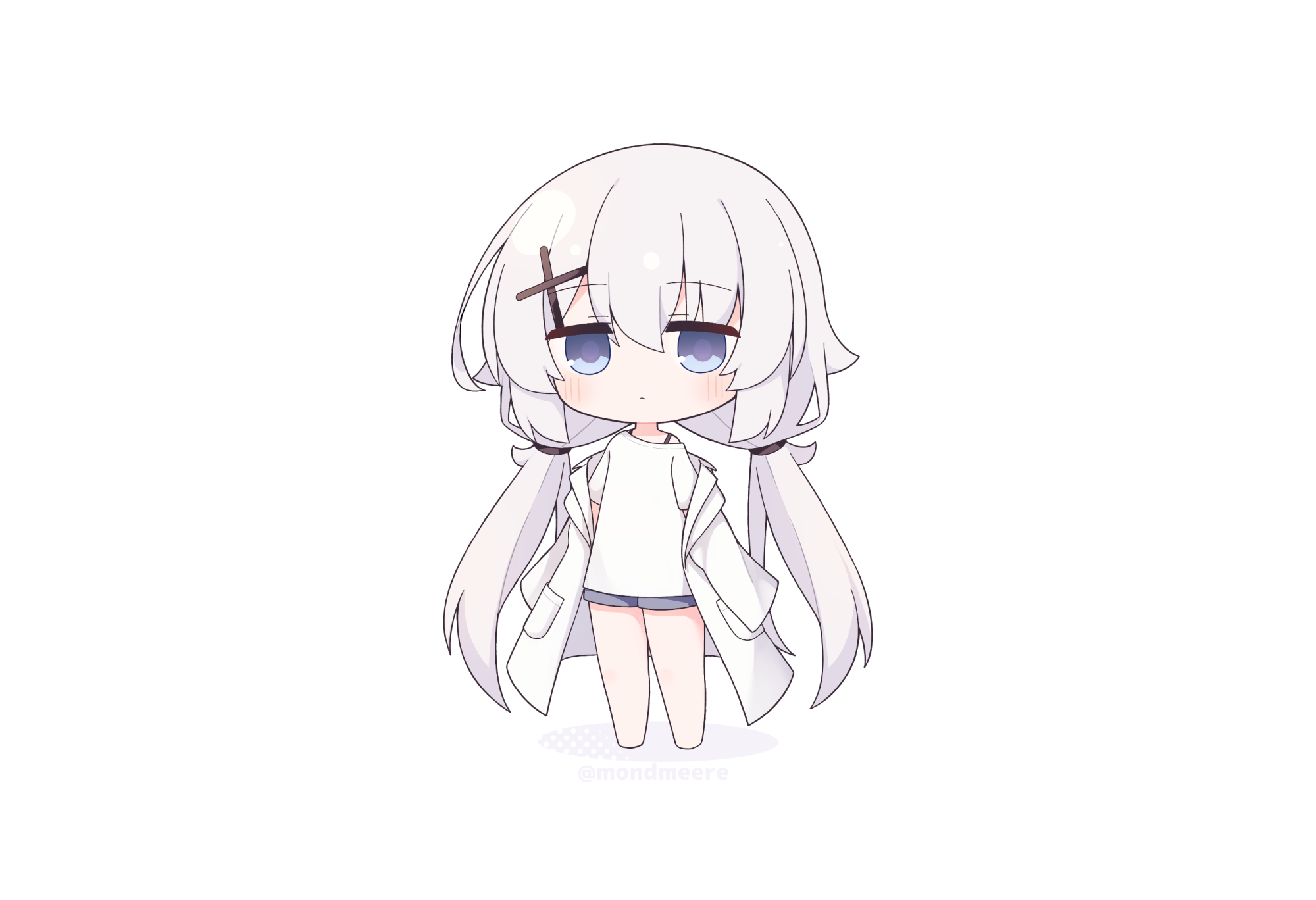 Safebooru - 1girl barefoot black scrunchie blue shorts blush chibi ...