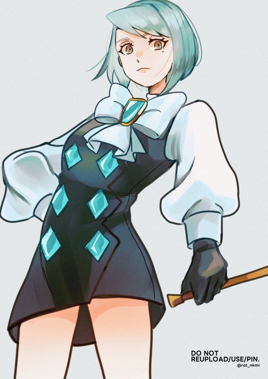 Safebooru - 1girl ace attorney black gloves blue hair brown eyes closed mouth cowboy shot ...