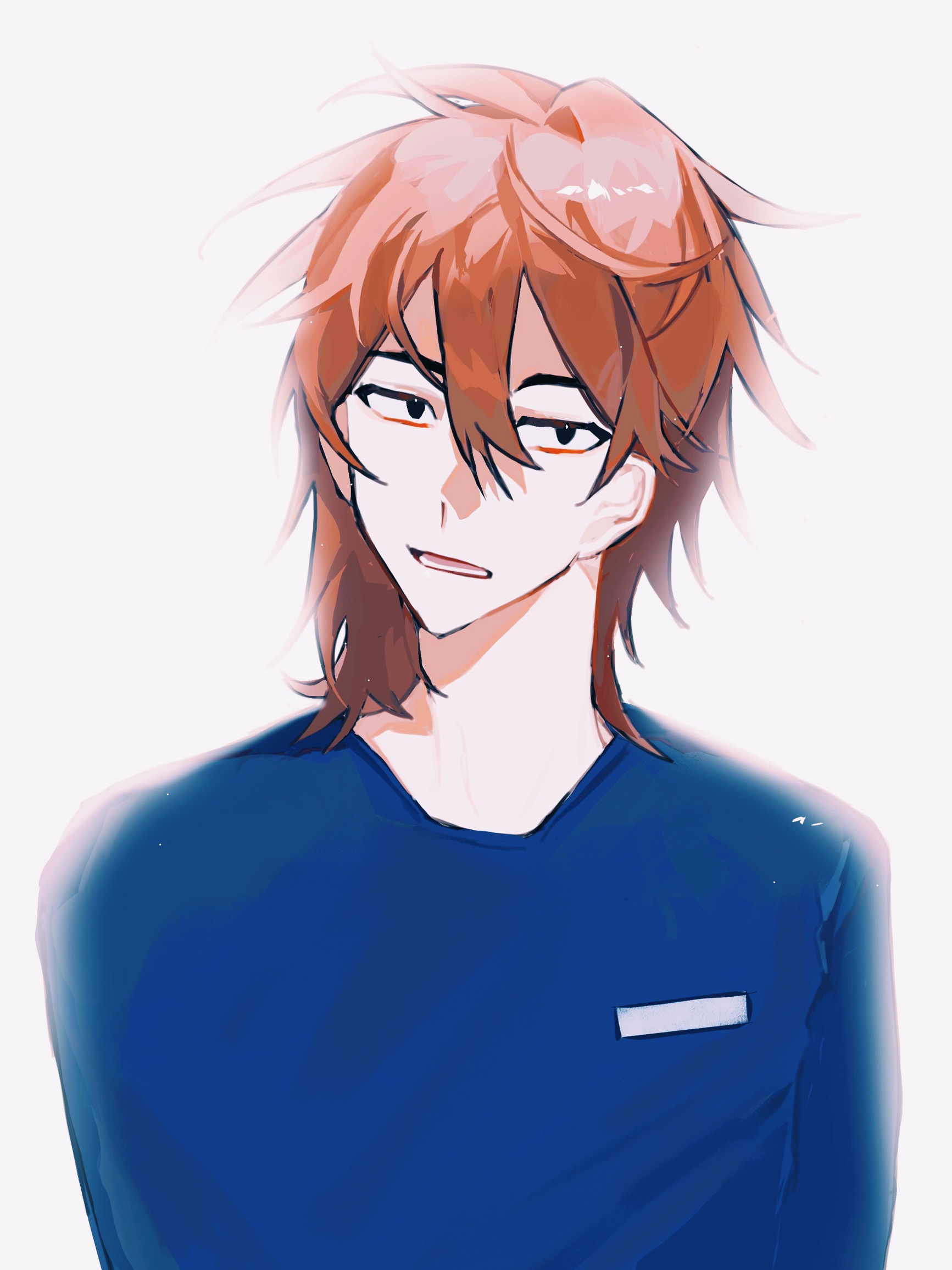 Safebooru - 1boy black eyes blue shirt brown hair commentary hair between eyes highres isoi ...