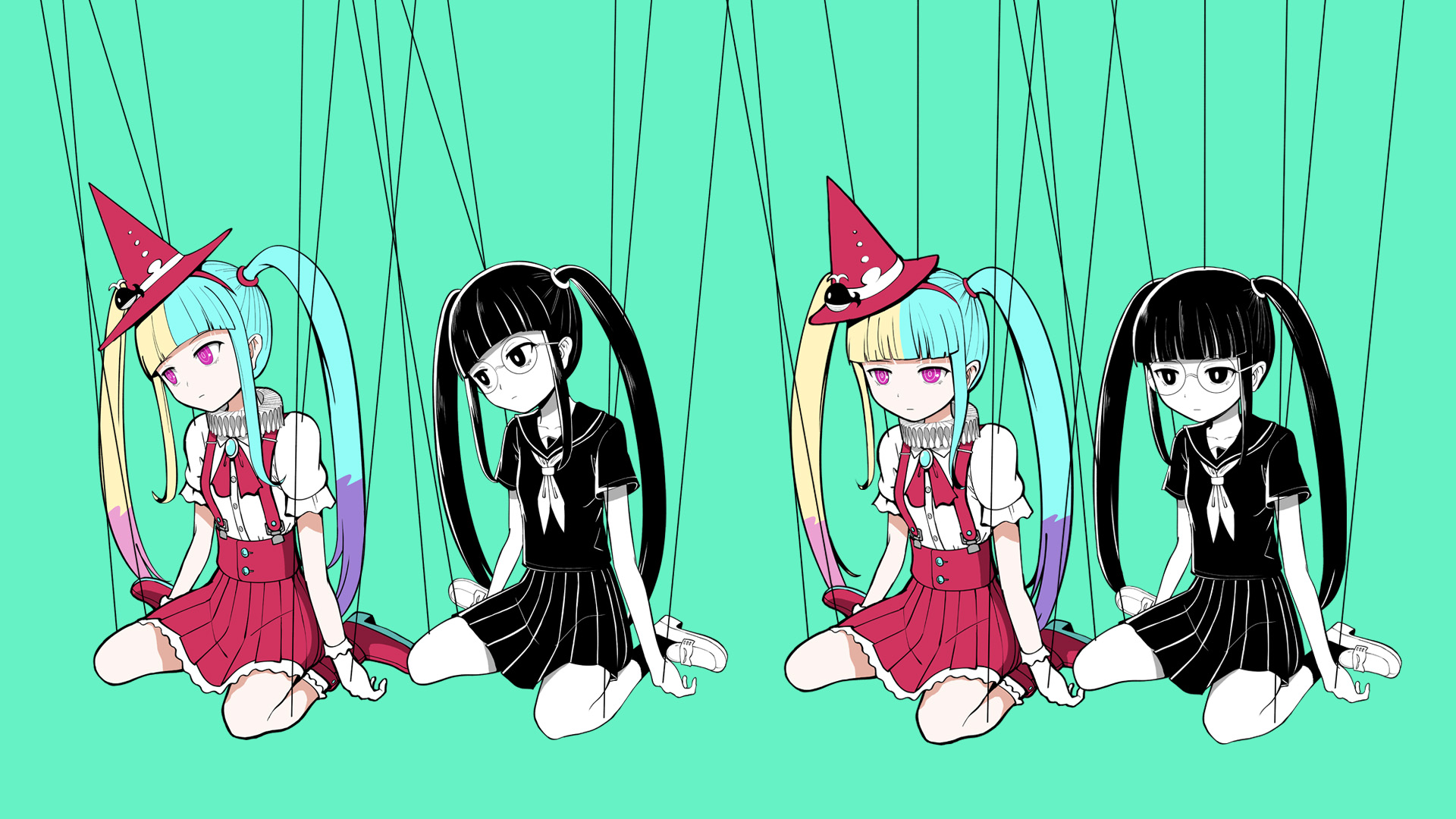 Safebooru - 2girls aegyo sal aqua hair black dress black eyes black hair black sailor collar ...
