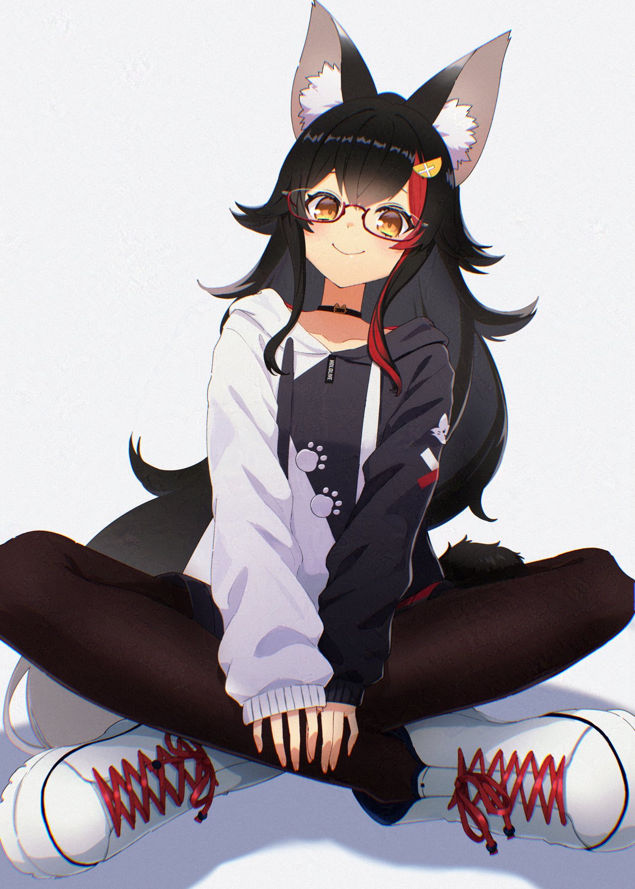 Safebooru - 1girl animal ears black choker black hair black hoodie black pantyhose brown eyes ...