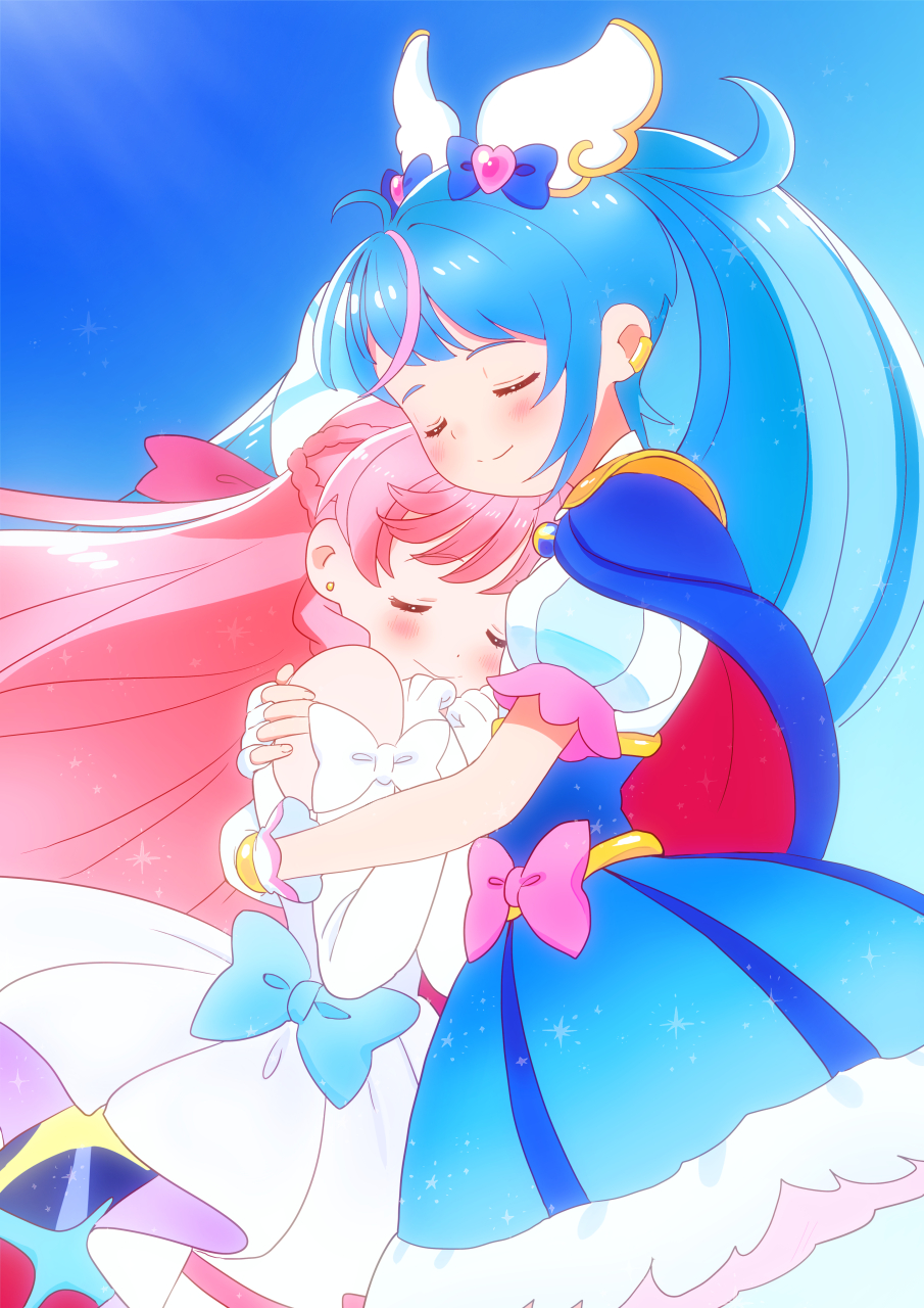 Safebooru - 2girls blue bow blue cape blue dress blue hair blue sky bow braid cape clear sky ...