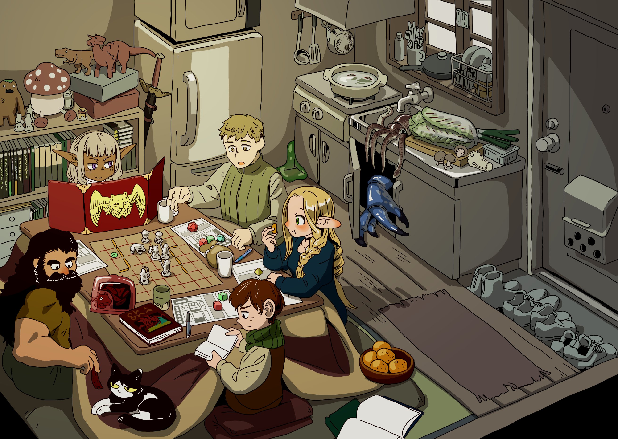 Safebooru - 1girl 4boys animal animalization beard black hair blonde hair blush board game book ...