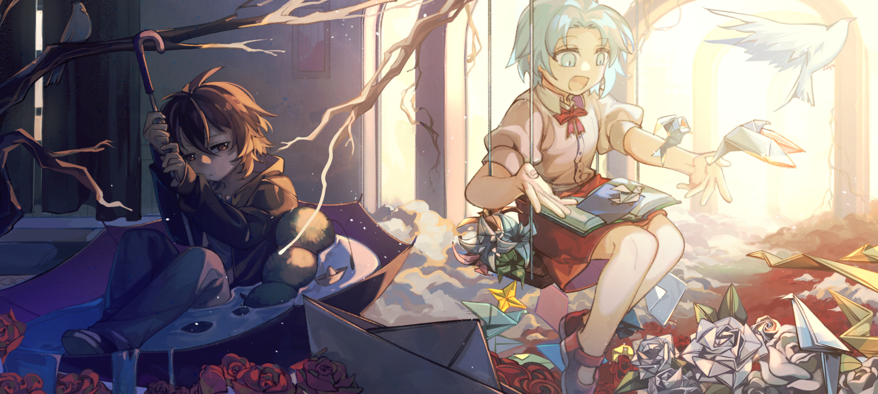 Safebooru - 1boy 1girl bird black jacket black pants blue eyes blue hair book book on lap branch ...