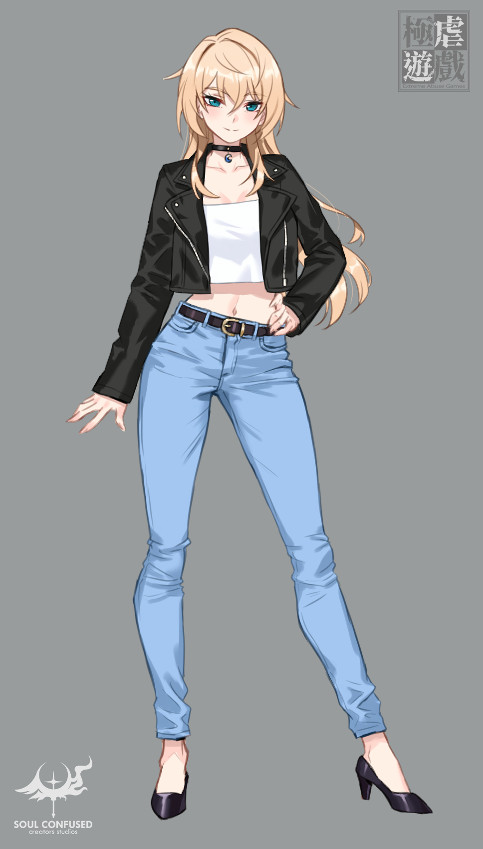 Safebooru - 1girl belt black jacket blonde hair blue eyes choker collarbone contrapposto denim ...