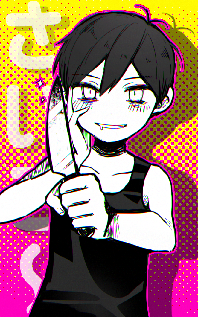 Safebooru - 1boy black hair black tank top collarbone colored skin grin ...