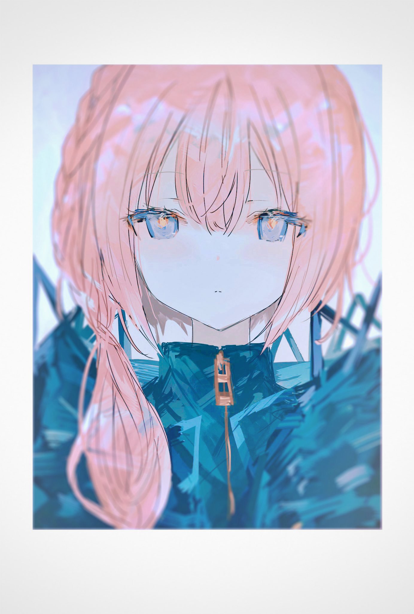 Safebooru - 1girl black hood black jacket blue background blue eyes ...