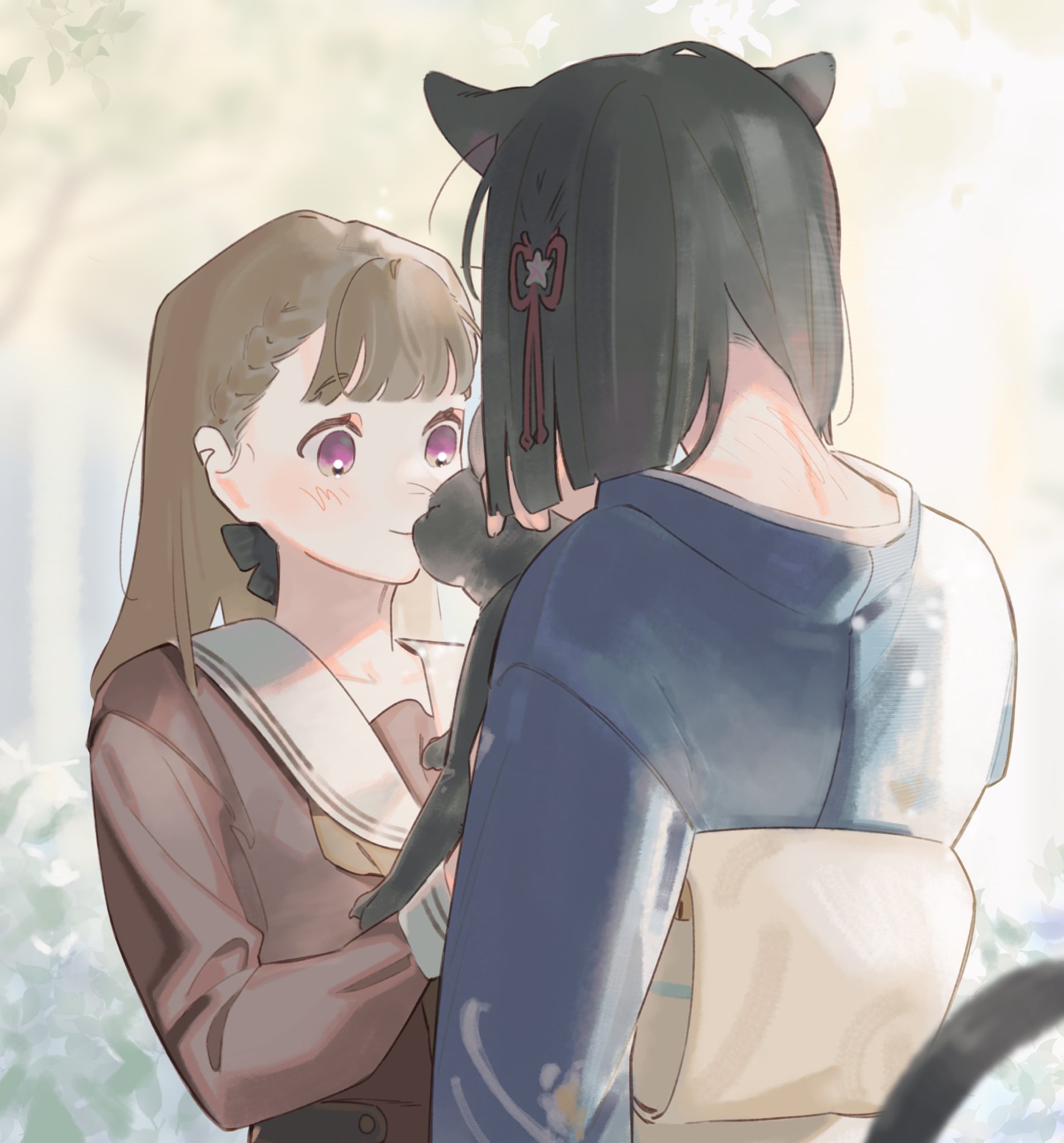 Safebooru - 2girls animal animal ears black hair blue kimono blunt ...