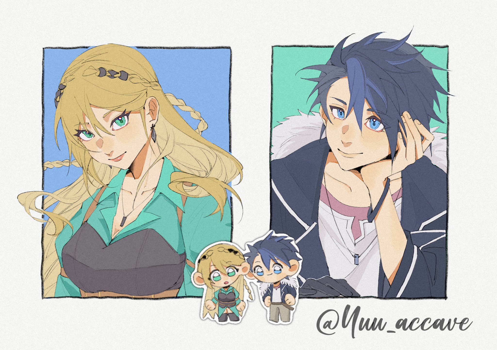 Safebooru - 1boy 1girl artist name blonde hair blue coat blue eyes blue hair border braid ...