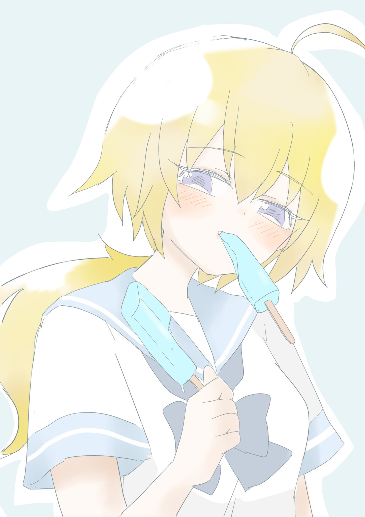 Safebooru - 1girl ahoge amano soraha arm at side assault lily black bow blonde hair blue sailor ...