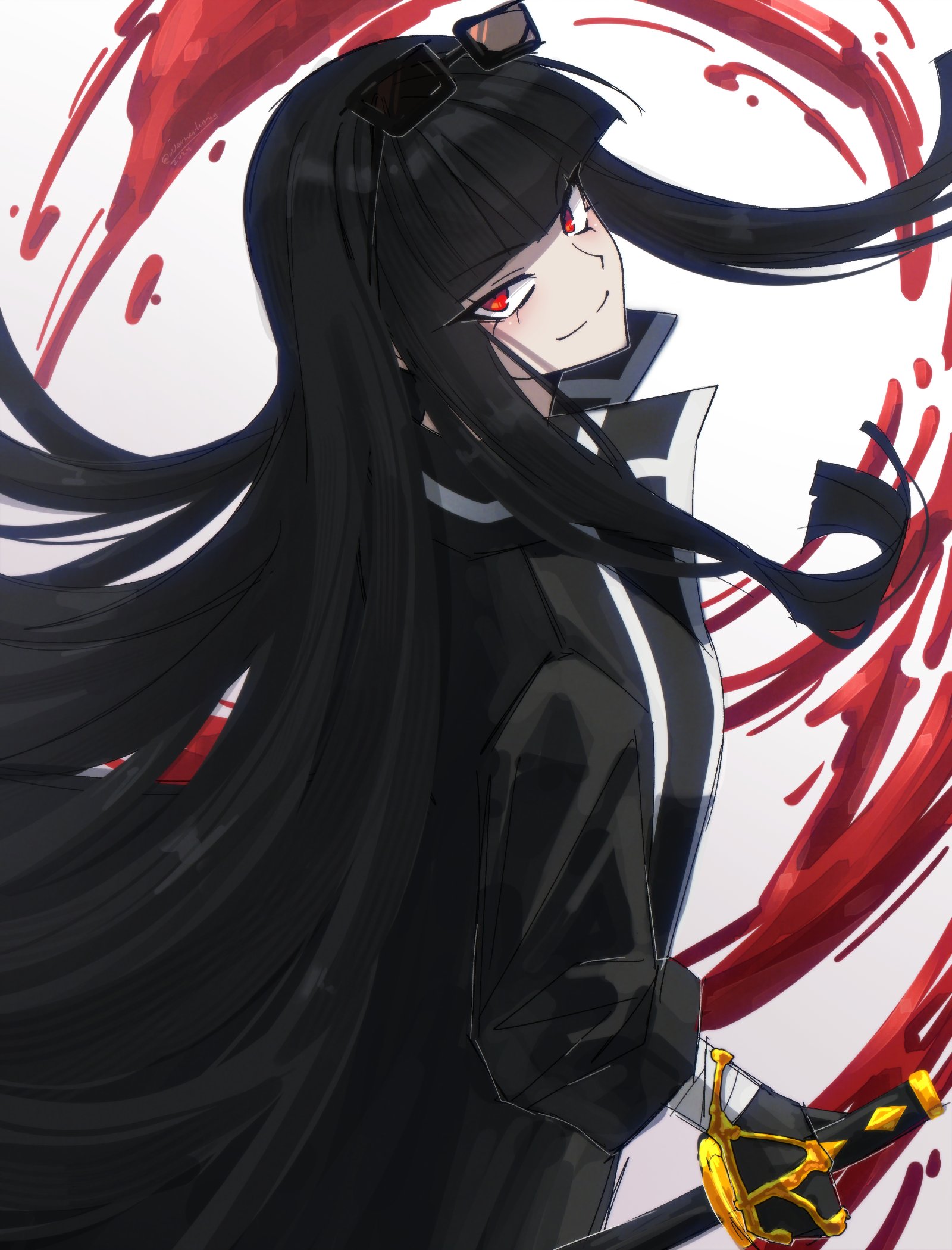 Safebooru - 1girl black coat black gloves black hair blood closed mouth ...