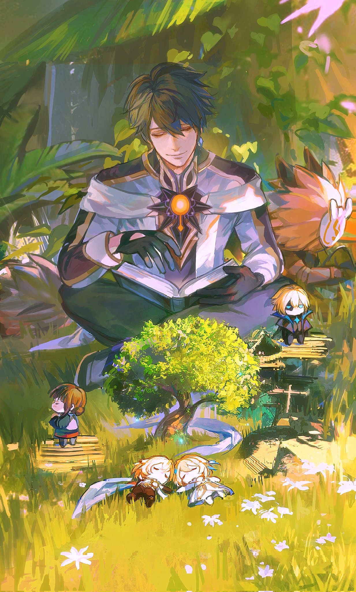 Safebooru - 1other 2girls 3boys aether (genshin impact) black cape ...