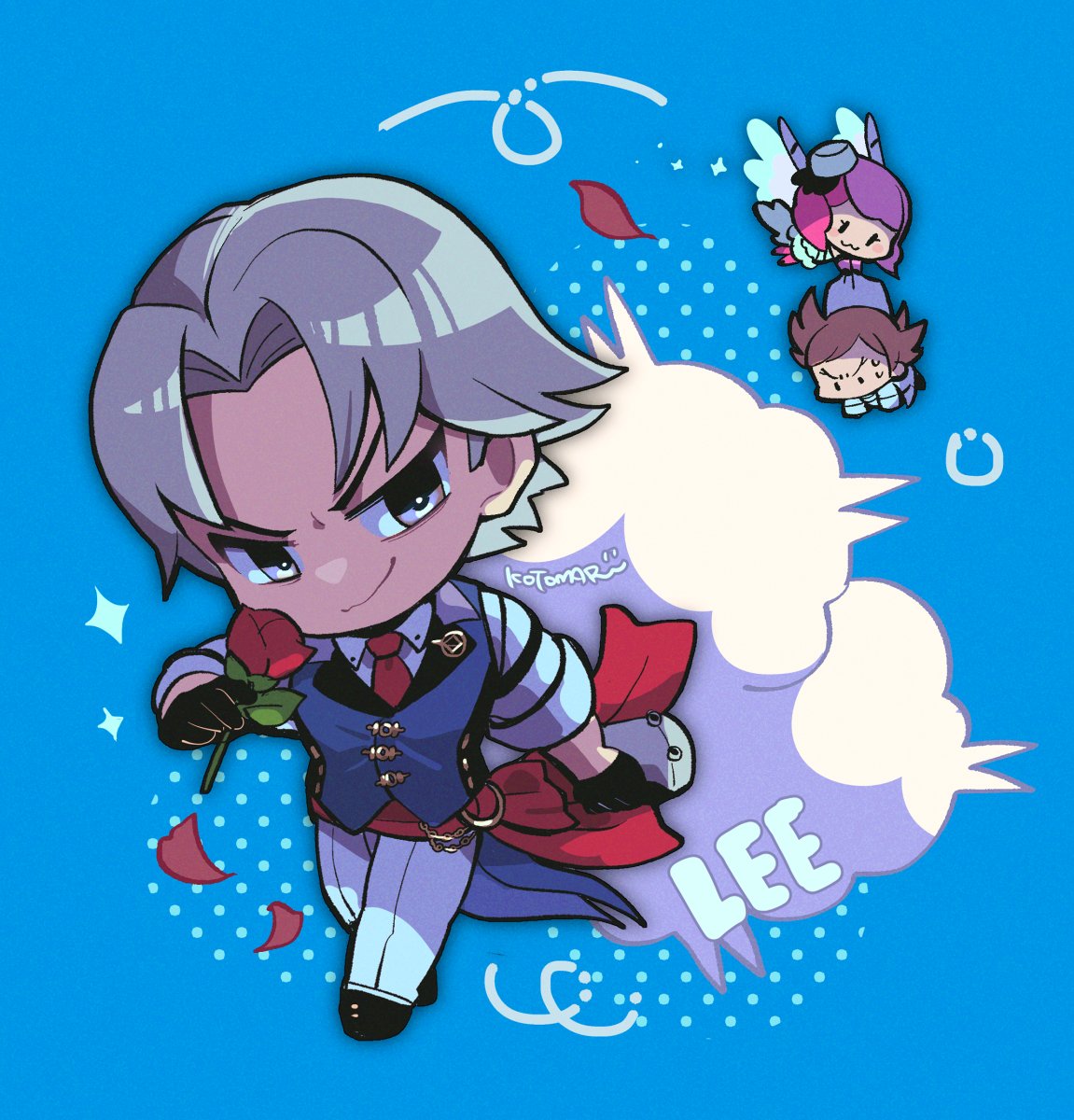 Safebooru - 1girl 2boys :3 alisa boskonovich blue background blue vest ...