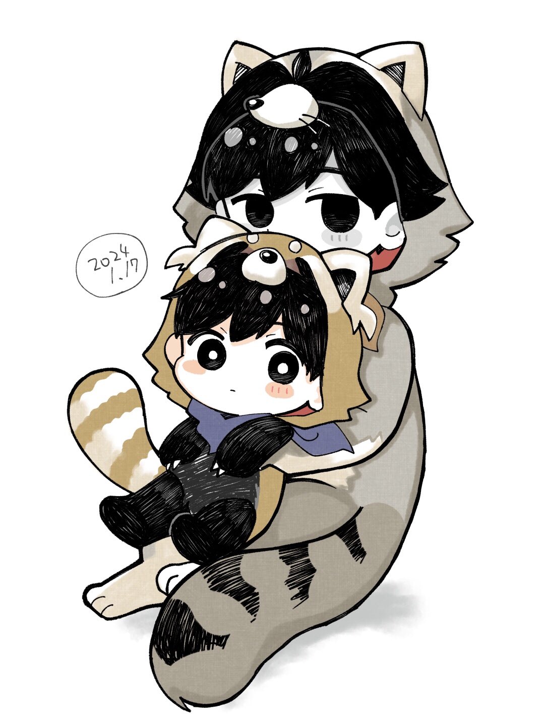 Safebooru - 2boys alternate costume black eyes black hair blush bright pupils chibi chibi only ...