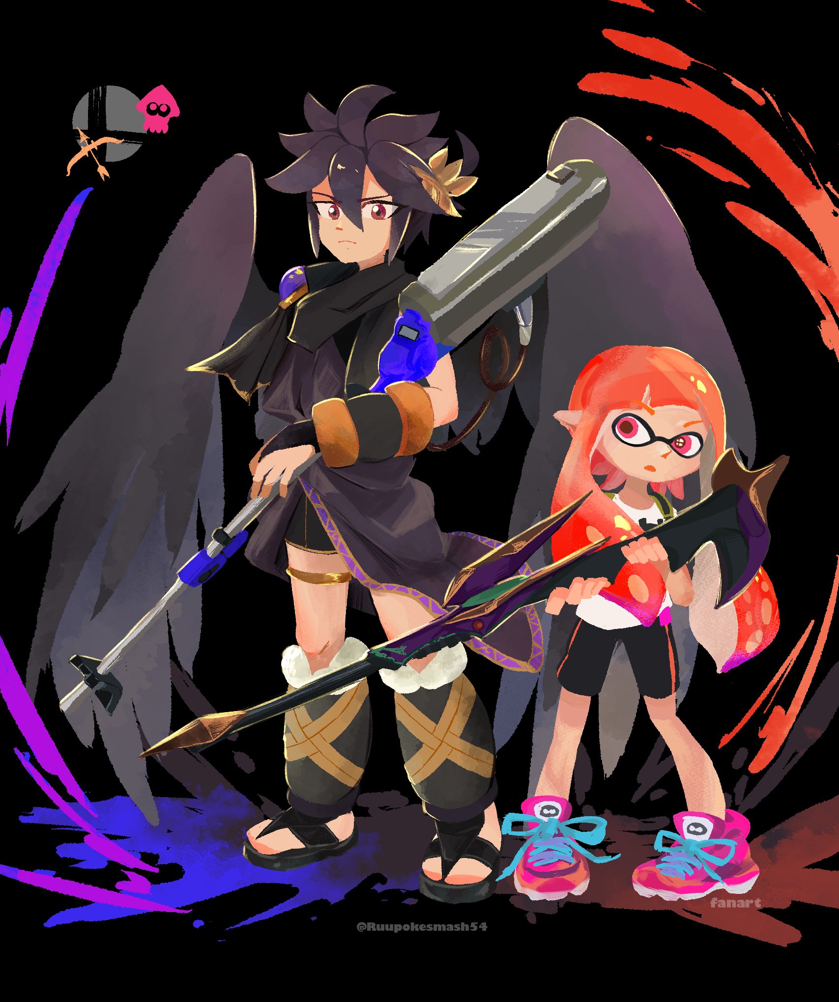 Safebooru - 1boy 1girl ahoge angel angel wings bike shorts black background black hair black ...