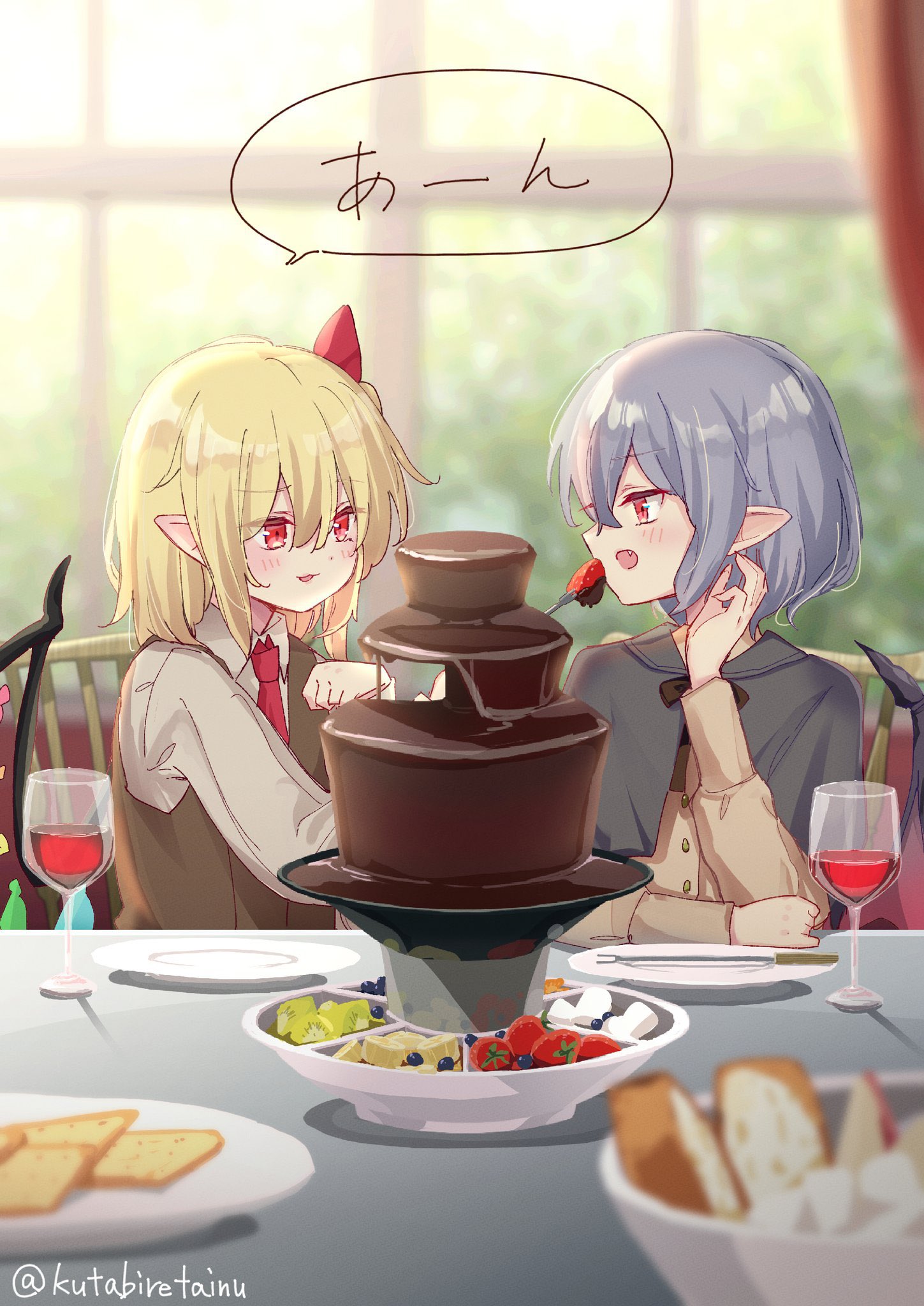 Safebooru - 2girls bat wings blonde hair blue hair crystal eating flandre scarlet food glass hat ...
