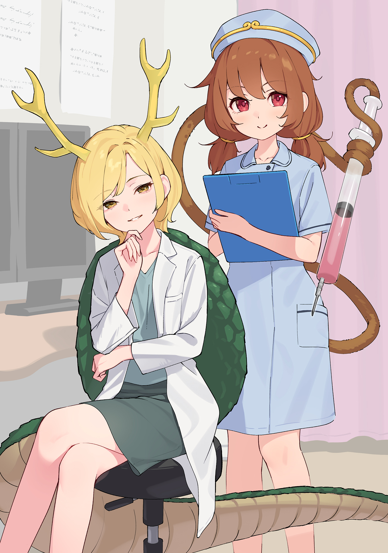 Safebooru - antlers blue shirt doctor dragon girl dragon horns dragon tail highres horns kanpa ...