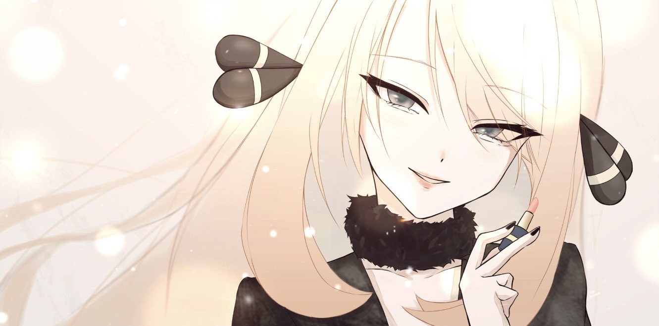 Safebooru - 1girl black coat blonde hair coat cosmetics cynthia (pokemon) fur collar grey eyes ...