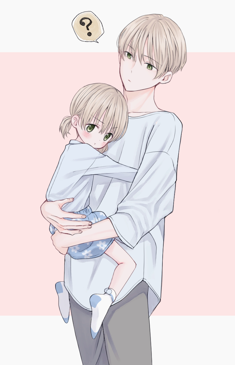 Safebooru - 1boy 1girl :t ? blue skirt blush brother and sister carrying carrying person child ...