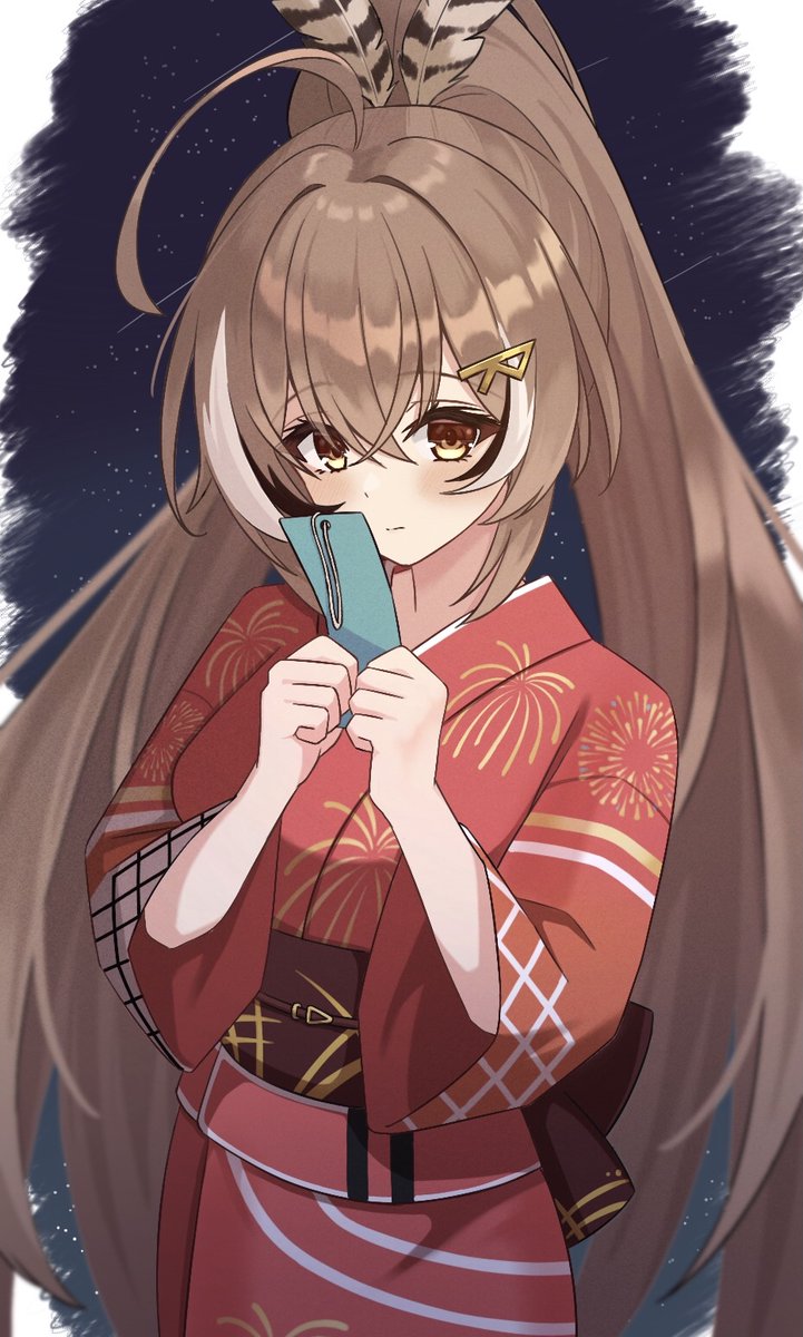 Safebooru - 1girl ahoge alternate costume border brown eyes brown hair crossed bangs feather ...