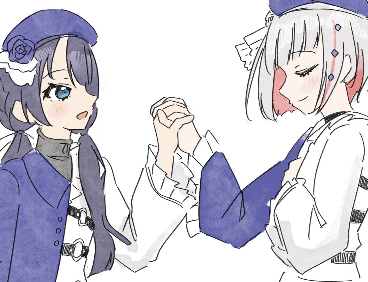 Safebooru - 2girls asymmetrical clothes asymmetrical coat beret black shirt blue coat blue eyes ...