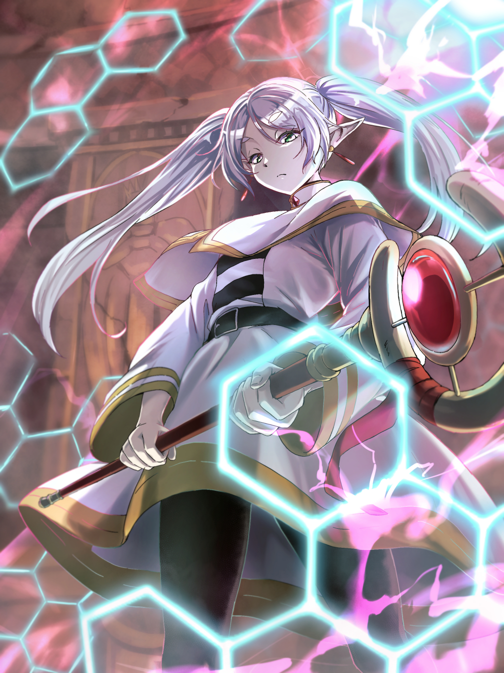 Safebooru - 1girl black pantyhose capelet dangle earrings earrings elf ...