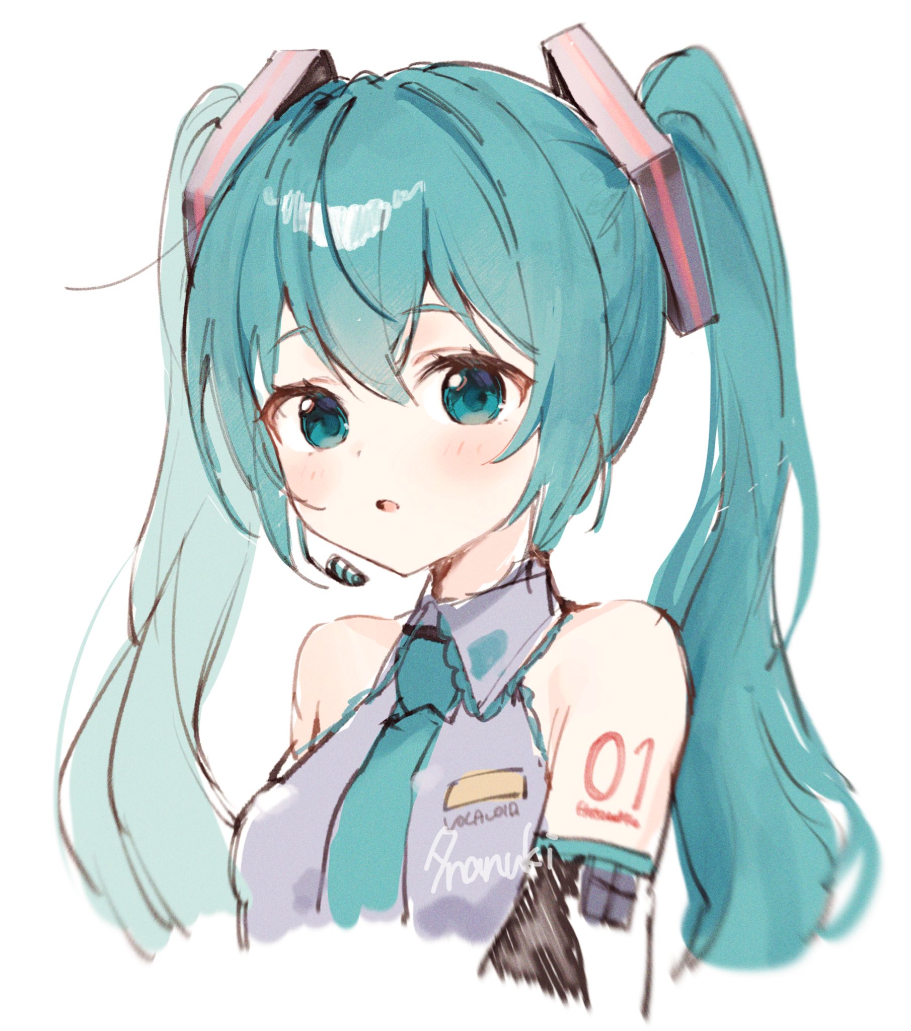 Safebooru - 1girl :o aqua eyes aqua hair aqua necktie bare shoulders blush collared shirt ...