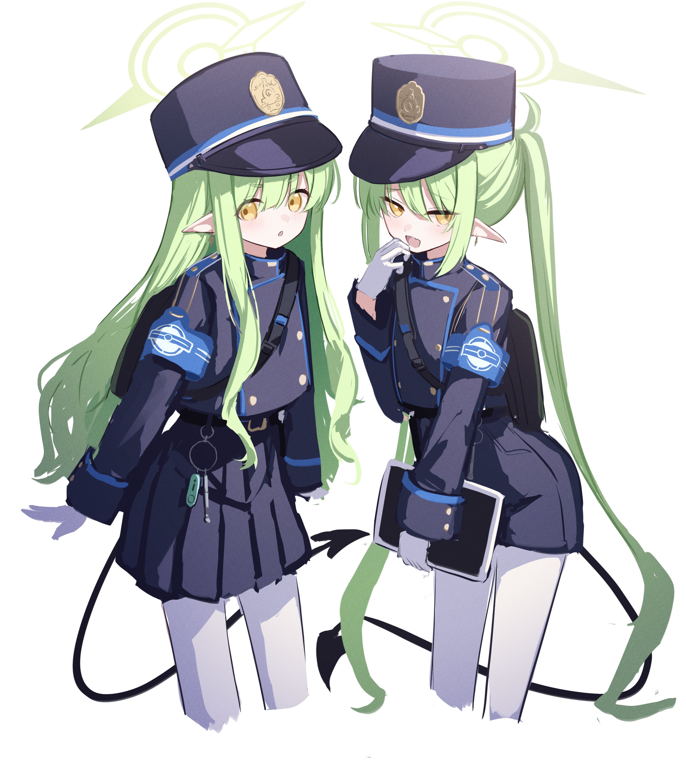 Safebooru - 2girls absurdres armband black hat black jacket black shorts black skirt black tail ...