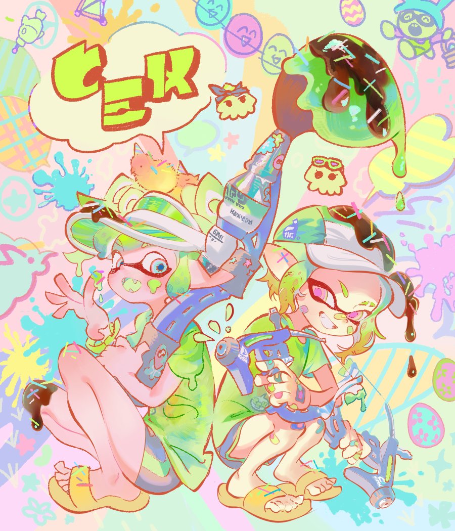 Safebooru - 2girls 99933g abstract background baseball cap bird chick ...