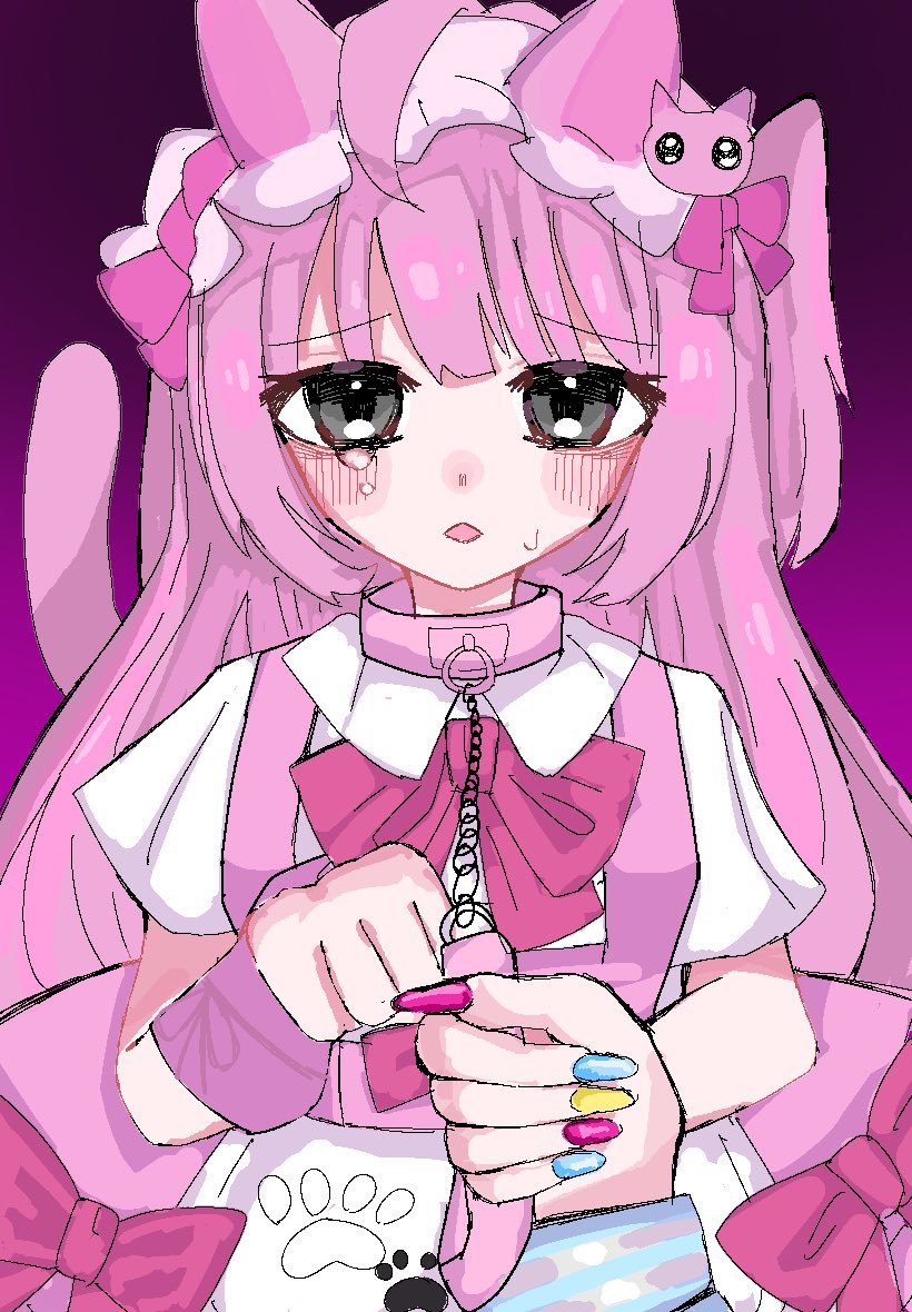 Safebooru - 1girl animal ears blue nails blush bow bowtie cat ears cat ...