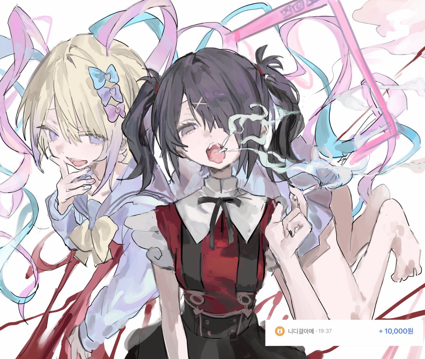 Safebooru - 2girls ame-chan (needy girl overdose) barefoot black hair blonde hair blowing smoke ...