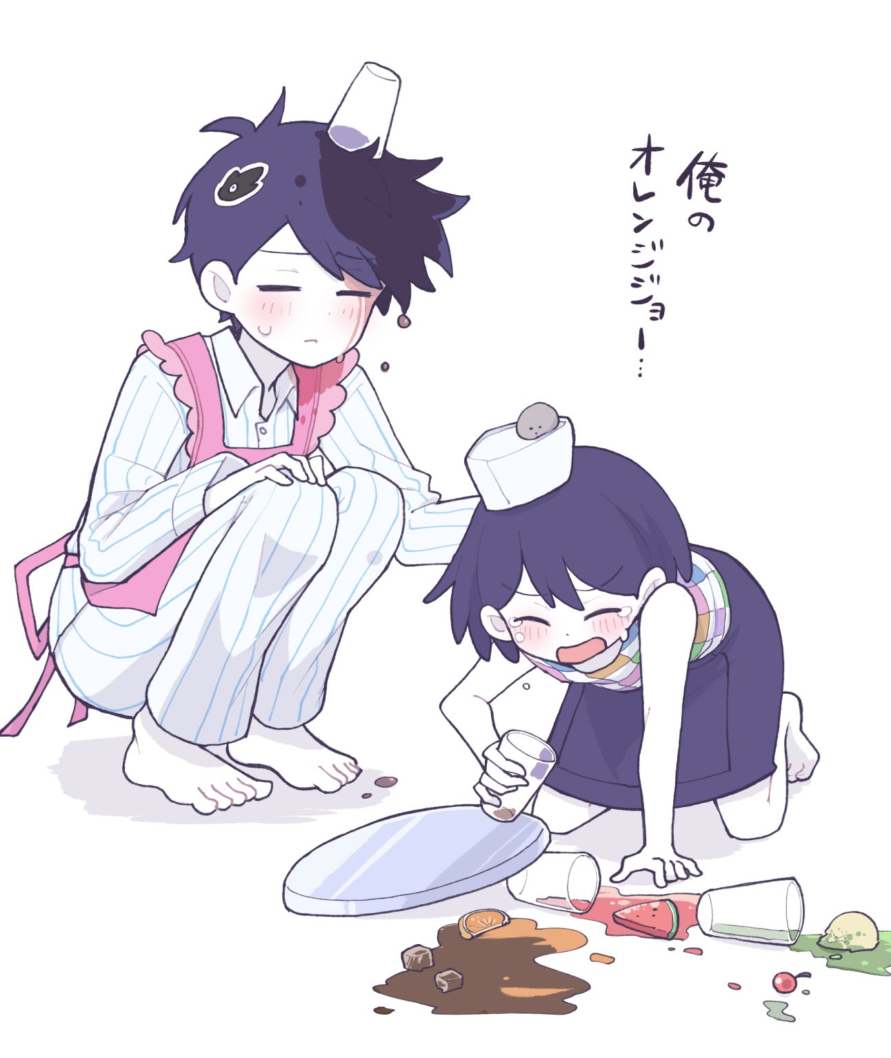 Safebooru - 2boys apron blush closed eyes closed mouth colored skin cup doroidsan drinking glass ...