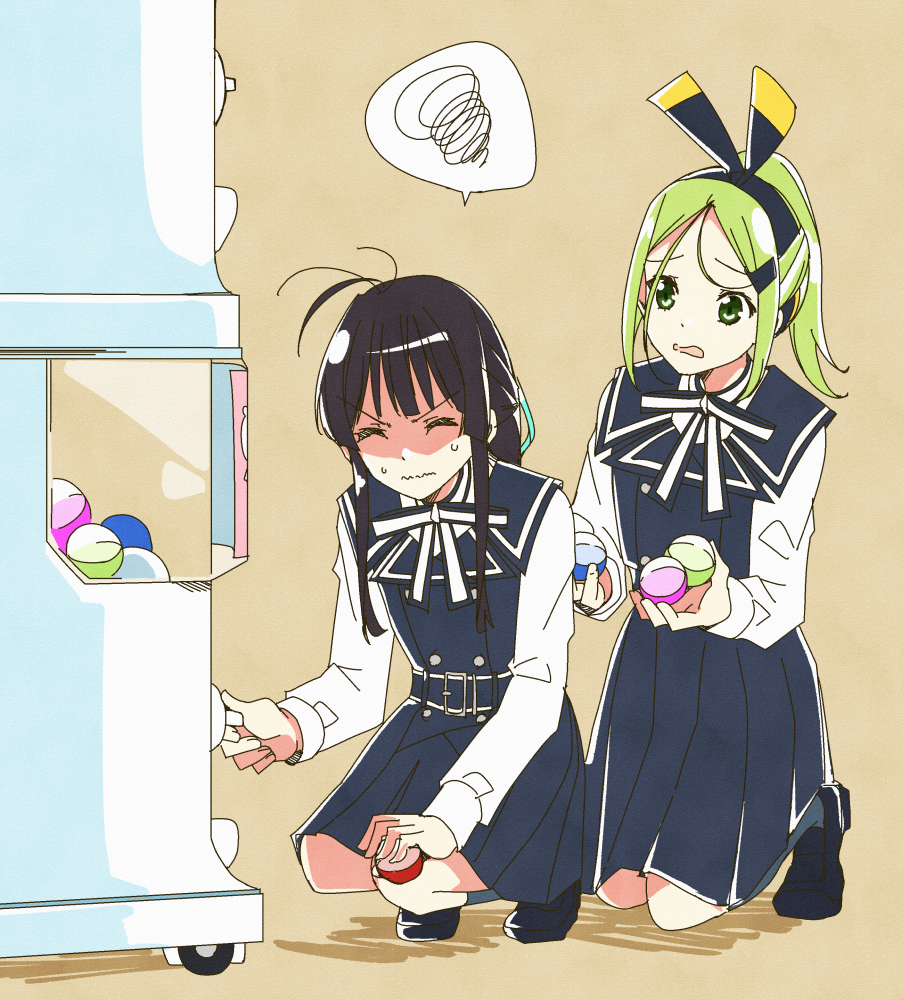 Safebooru - 22/7 2girls antenna hair aqua ribbon black dress black footwear black hair black ...