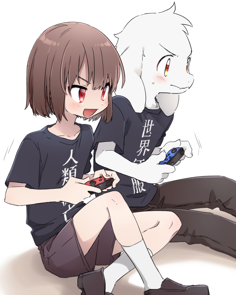Safebooru - 1boy 1other asriel dreemurr black shirt blush bob cut brown eyes brown footwear ...
