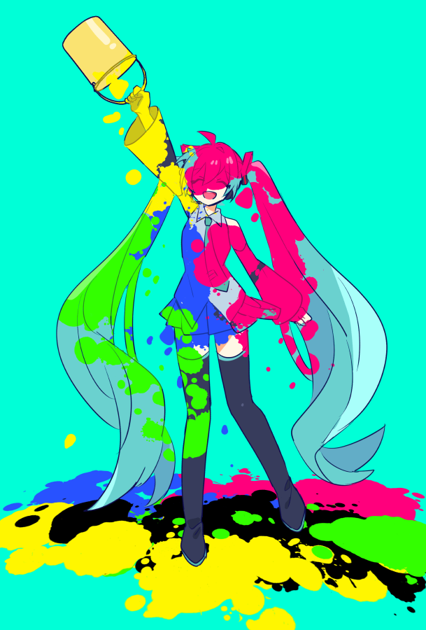 Safebooru - 1girl aqua background aqua hair boots bucket check commentary closed eyes collared ...