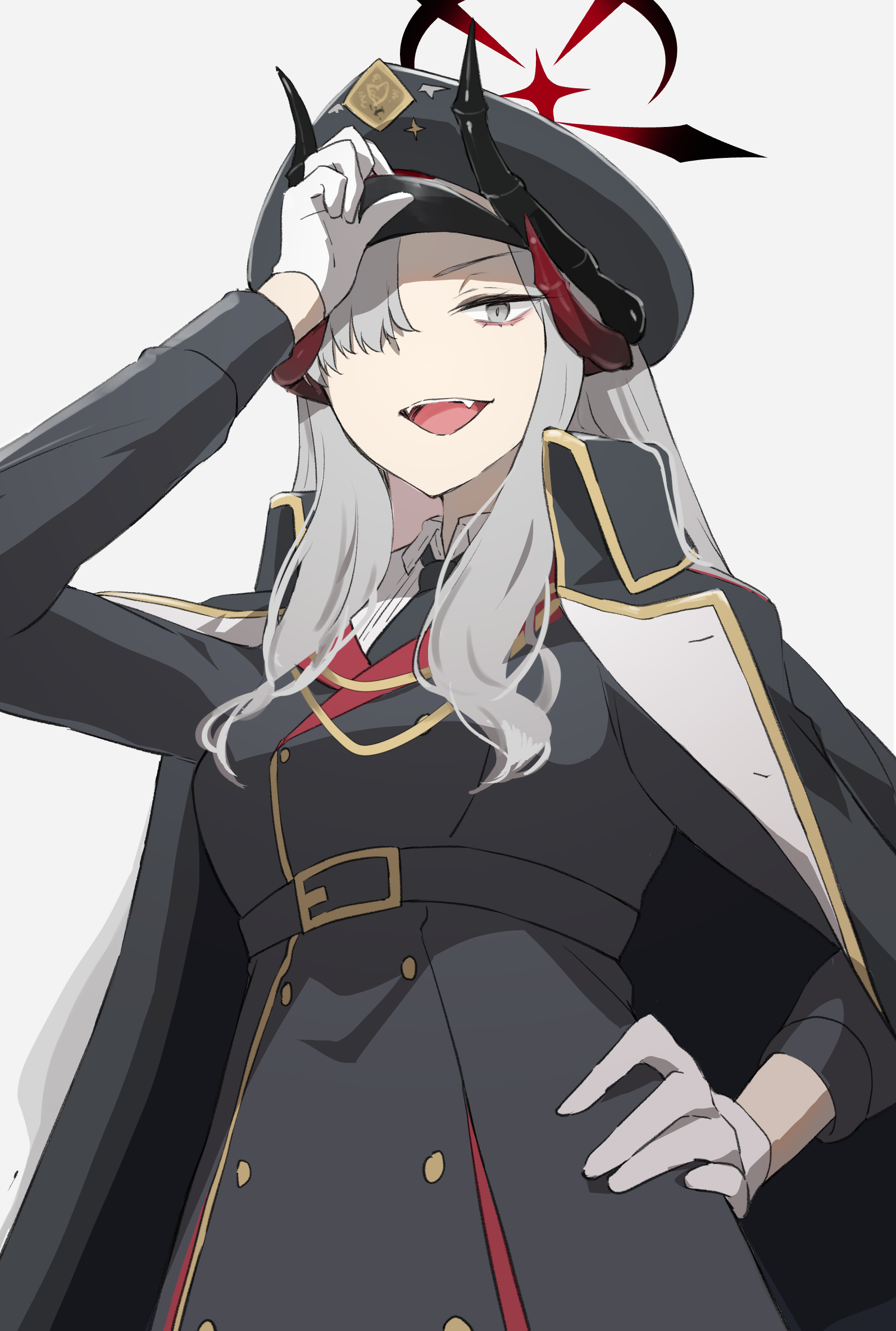 Safebooru - 1girl :d arm up belt belt buckle black belt black dress black hat black jacket black ...