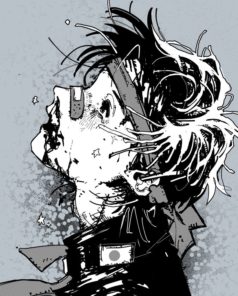 Safebooru - 1boy black blood black hair black jacket blood blue background from side grey ...