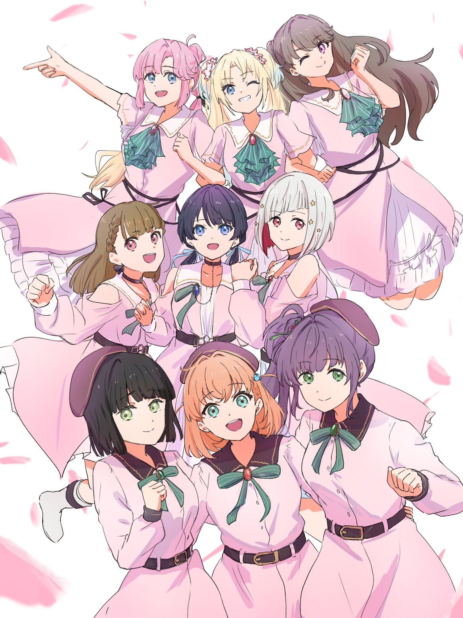 Safebooru - 6+girls :d ;) ;d ahoge anyoji hime aqua eyes ascot beret black choker black hair ...