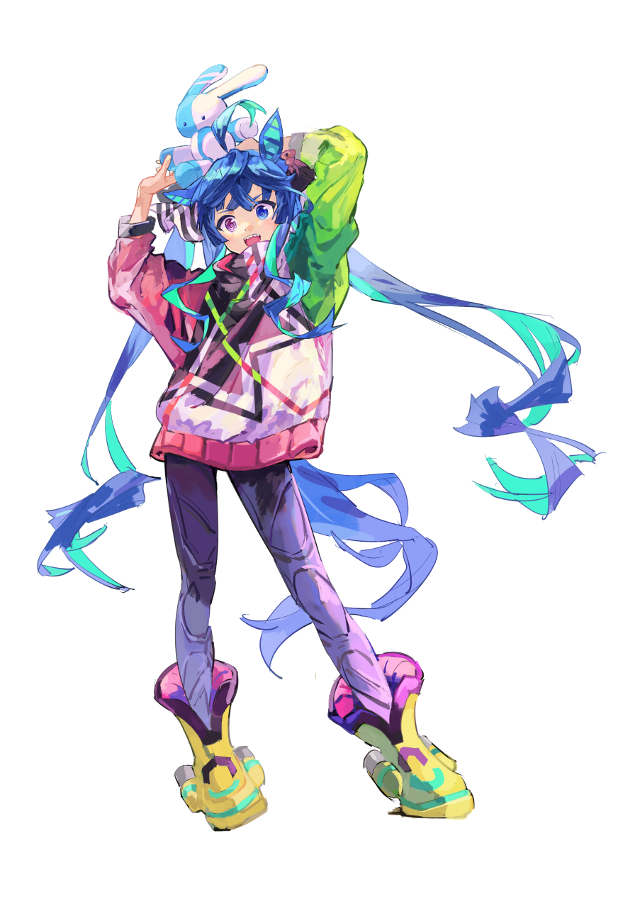 Safebooru - 1girl :d @ @ ahoge animal ears aqua hair arms up black leggings blue eyes blue hair ...