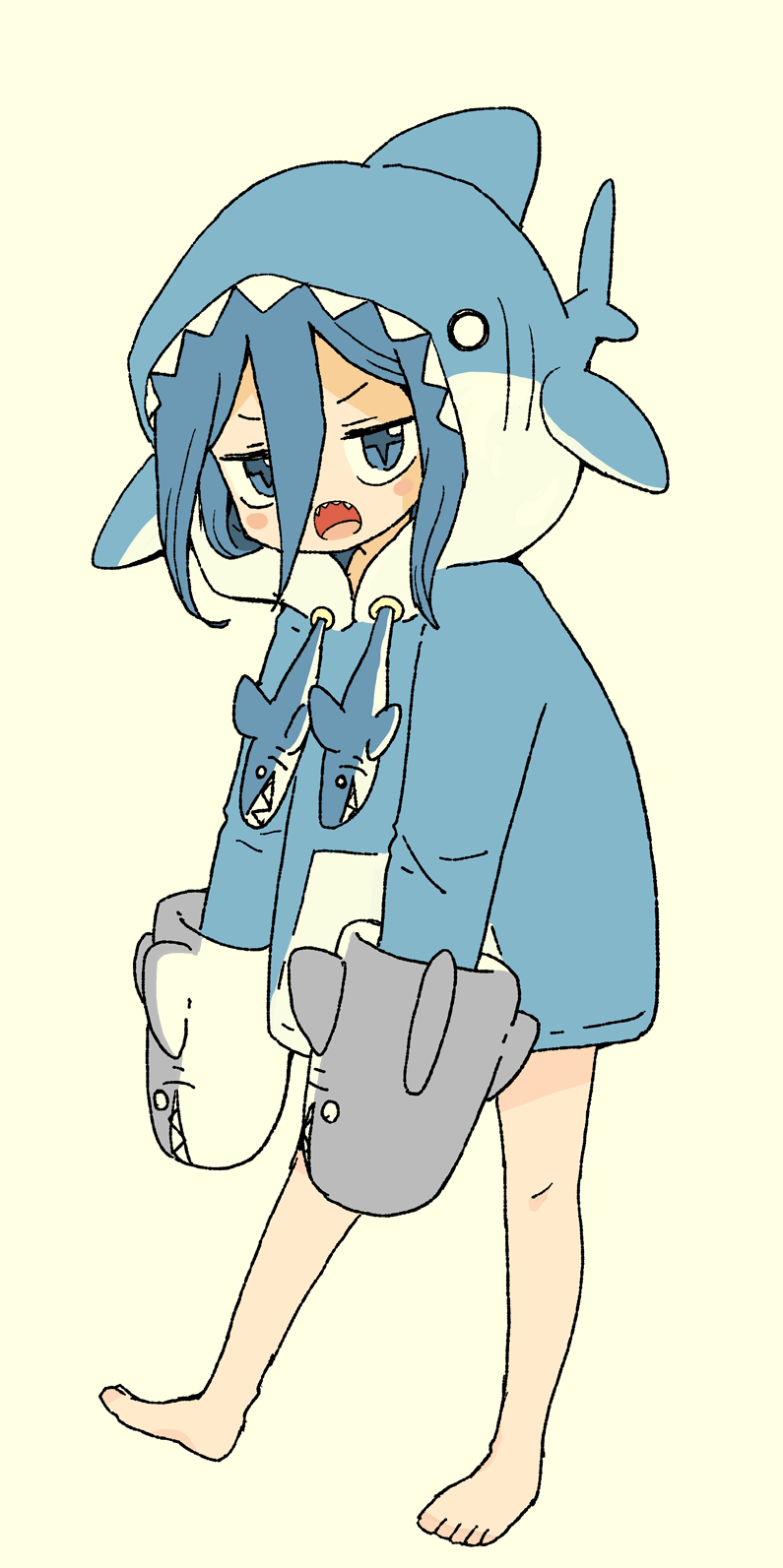Safebooru - 1girl animal hood barefoot blue eyes blue hair blue hoodie blush stickers brown ...
