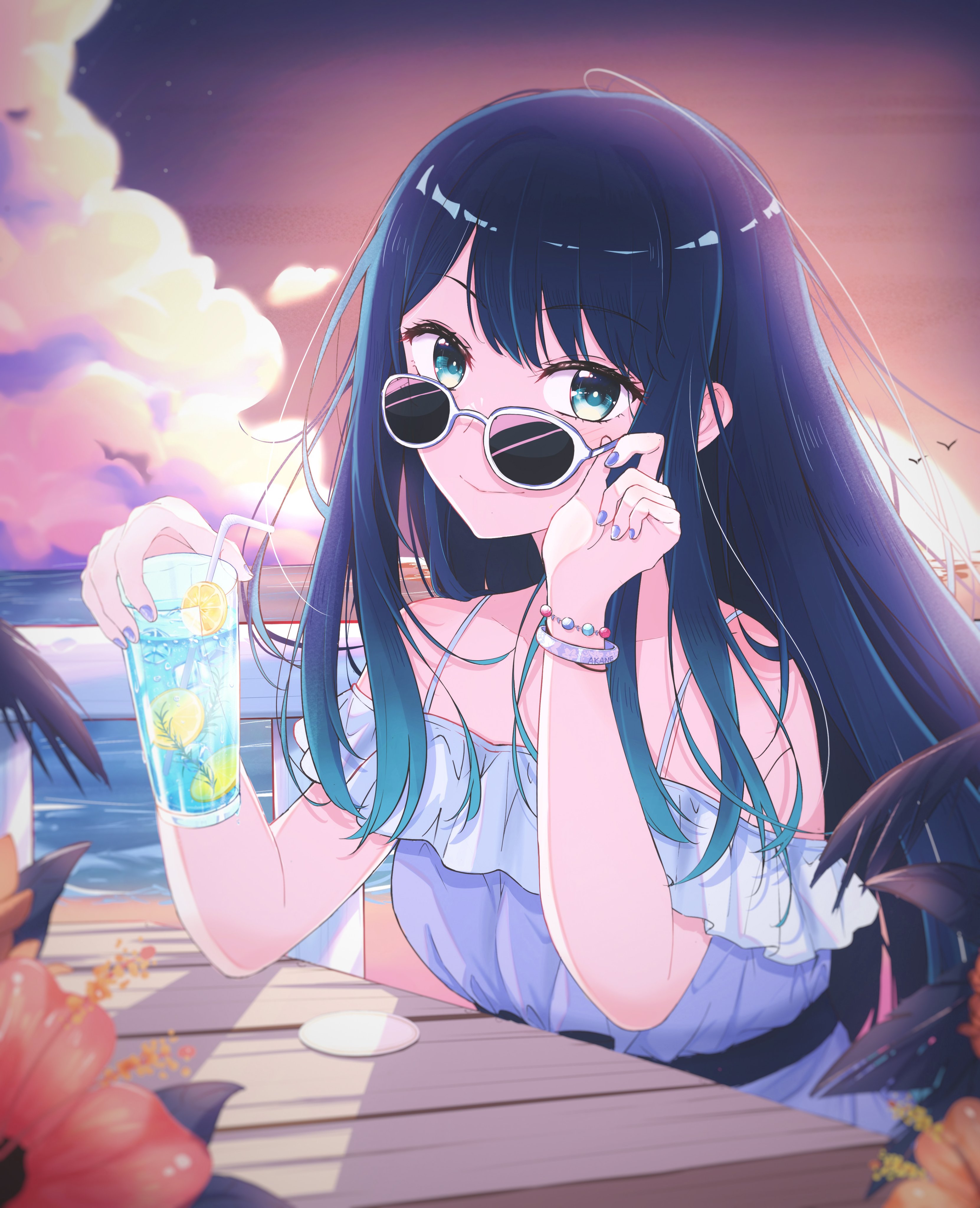 Safebooru - 1girl absurdres blue eyes blue hair blue nails bracelet clouds commentary request ...