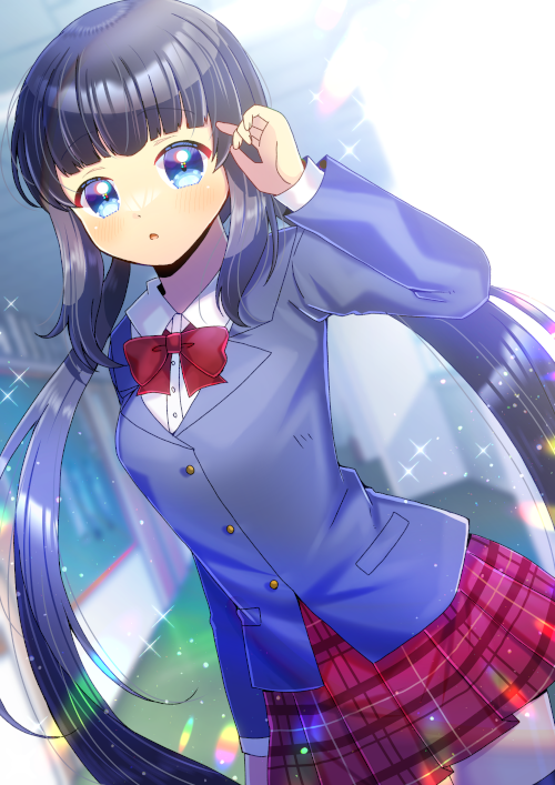 Safebooru - 1girl :o black hair black thighhighs blazer blue eyes blue jacket blurry blurry ...
