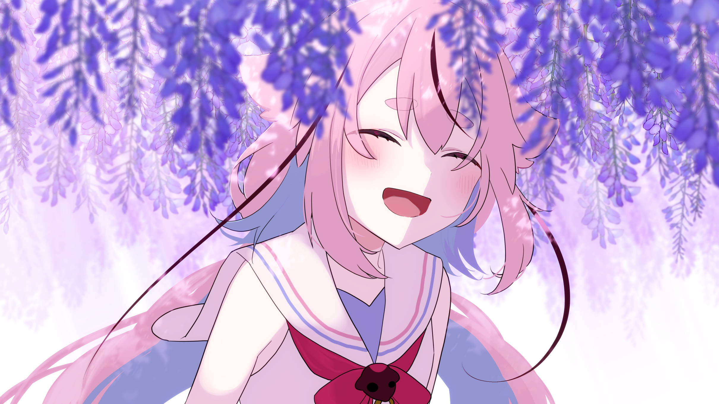 Safebooru - 1other ^ ^ arms at sides bare shoulders black hair blue ...