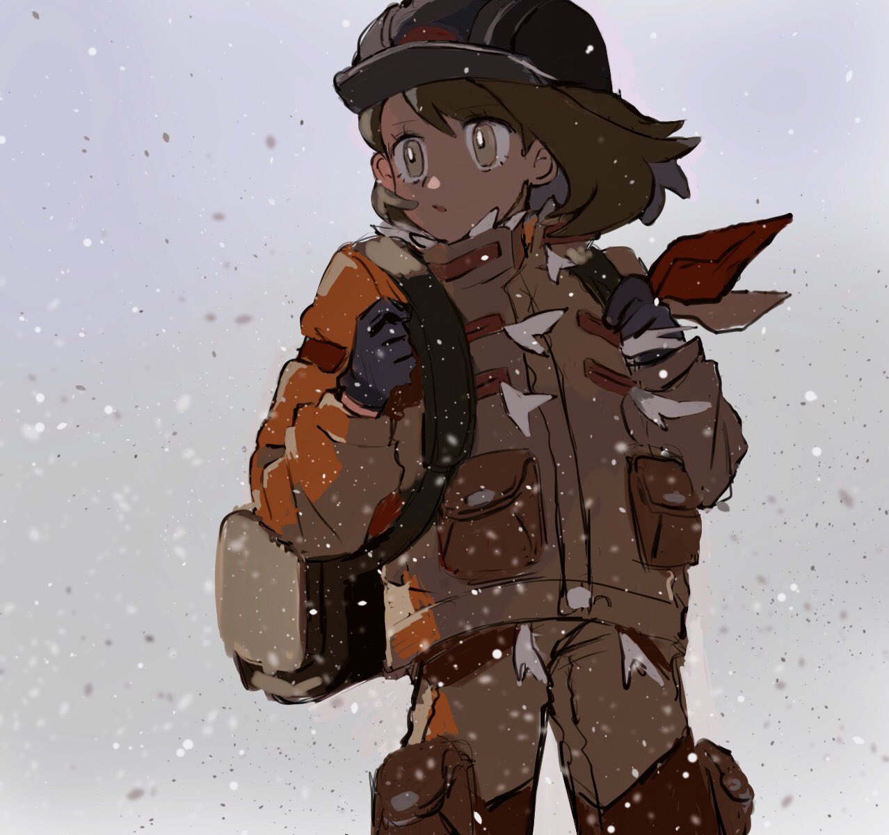 Safebooru - 1girl black gloves black hat bright pupils brown bag brown eyes brown hair brown ...